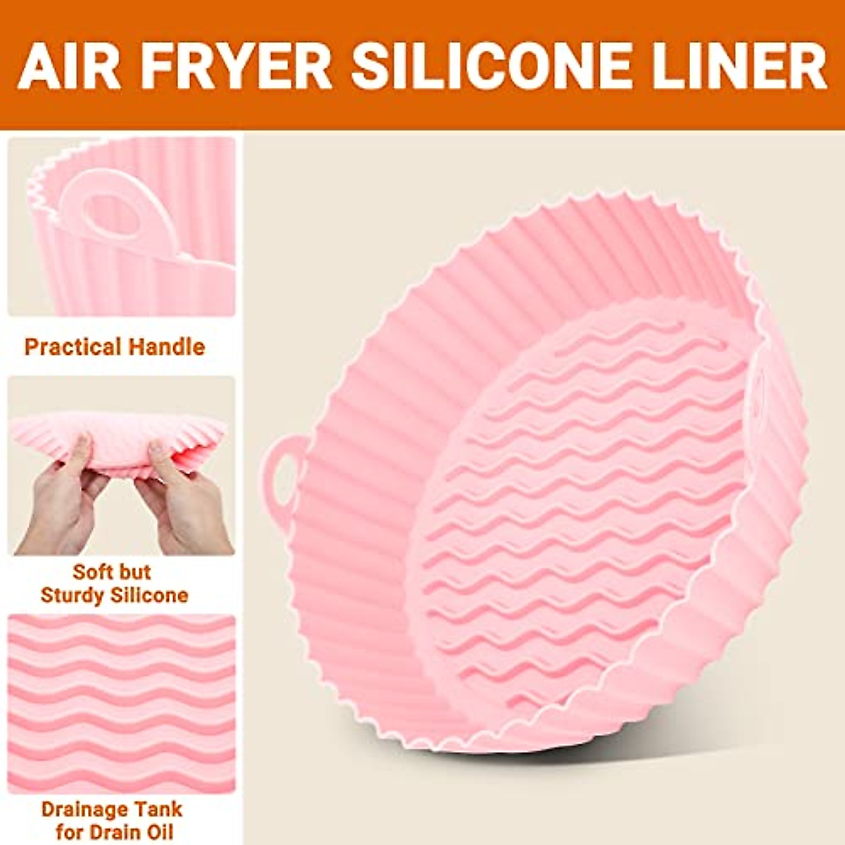 Suice Air Fryer Silicone Pot 7.5 Inch, Round Silicone Liner for 3-5qt Air Fryer, Reusable Silicone Baking Tray Replacement of Paper Liner Non Stick Air Fryer Basket Pink Kitchen Appliance Accessories