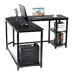 ENGERIO Reversible L Shaped Desk Computer Table with Storage Shelves, Home Office Desk Corner Desk Modern Simple Writing Study Table Gaming Table Workstation with CPU Power Tray Stand (Black)