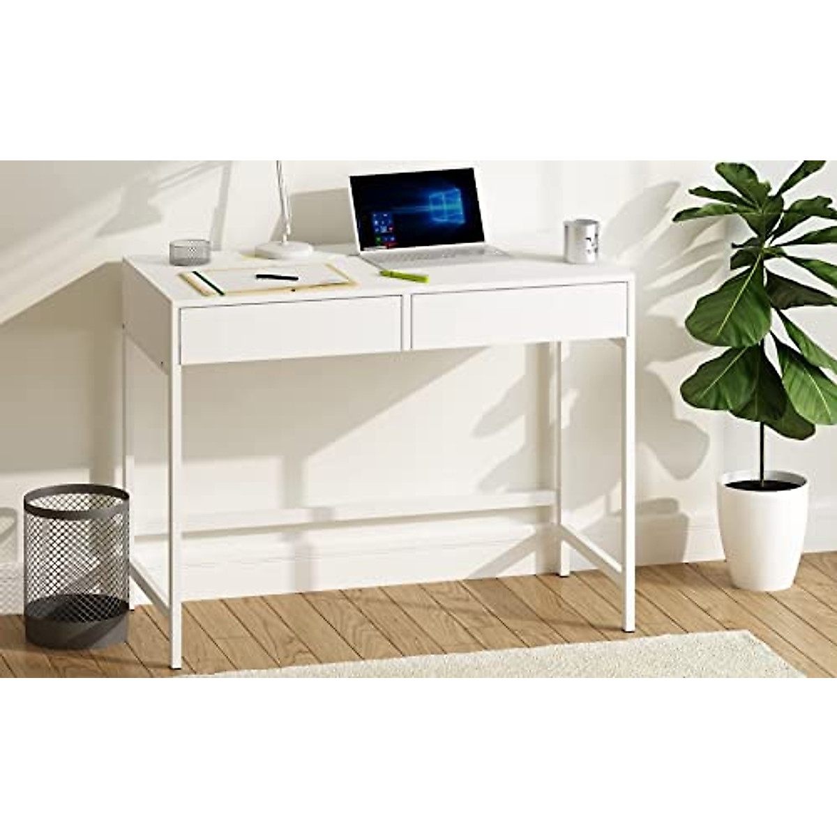 Treocho Computer Desk, Modern Simple 40 inch White Desk with 2 Drawers, Vanity Desk, Makeup Table for Home Office, Bedroom