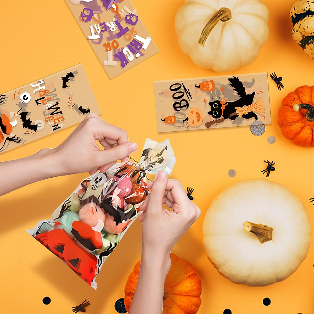 KIMOBER 160PCS Halloween Candy Treat Bags,Cellophane Goodies Bags with Twist Ties for Halloween Party Favor Supplies