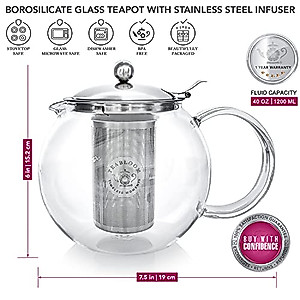 Teabloom Stovetop Safe Glass Teapot with Removable Infuser (40oz/1200ml) and Four Double Walled Glass Cups (5oz/150ml) - Classica Tea Set