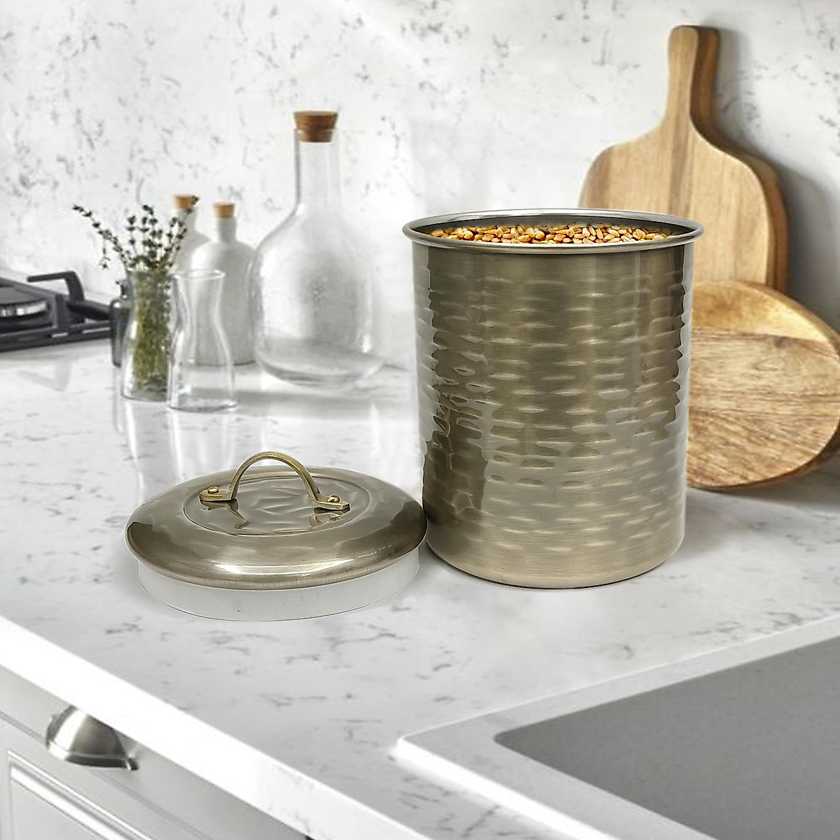 nu steel Set Of 4 Food storage Container Kitchen Hammered Canister with gold finish