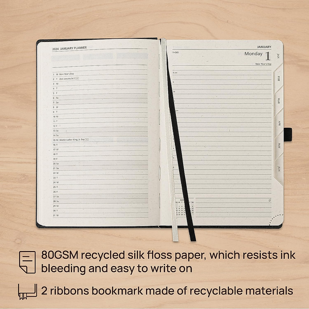 POPRUN Recycled 2024 Daily Planner One Page A Day - 100% Eco-Friendly Materials - 2024 Agenda Hourly Appointment Book with Monthly Calendar, Folded Inner Pocket, 5.5" x 8.5" - Desert Brown