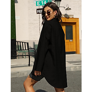 Bianstore Women's Oversized Linen Shirts Blouses Tops Long Sleeve High Low Button Up Shirts (Black-M)