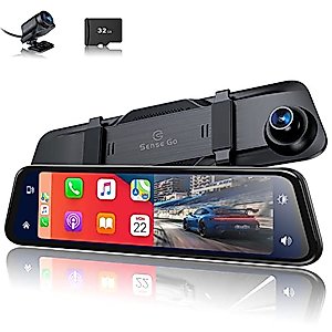 SENSEGO 12" 2K Mirror Dash Cam Carplay Android Auto Wireless 1440P Smart Rearview Backup Camera for Cars, Front and Rear View Dual Cameras, Voice Control, Night Vision, Parking Assistant, 32GB TF Card