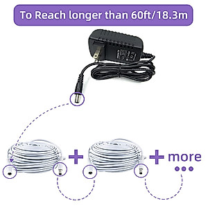 Power Extension 60ft Cable5.5mm x 2.1mm 12 Volt Male to Female Plug Cord for CCTV IP Security Cameras DVRs and More Devices White