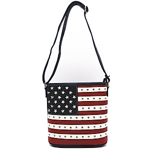 WESTERN ORIGIN American Flag Stars and Stripes Rhinestone Studs Crossbody Handbag USA Patriotic Women Purse Leather Single Shoulder Bag (Red White Blue)