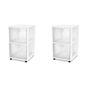 Sterilite 36208002 Ultra 2 Drawer Cart, White Frame & Clear Textured Drawers w/ Handles & Black Casters, 2-Pack