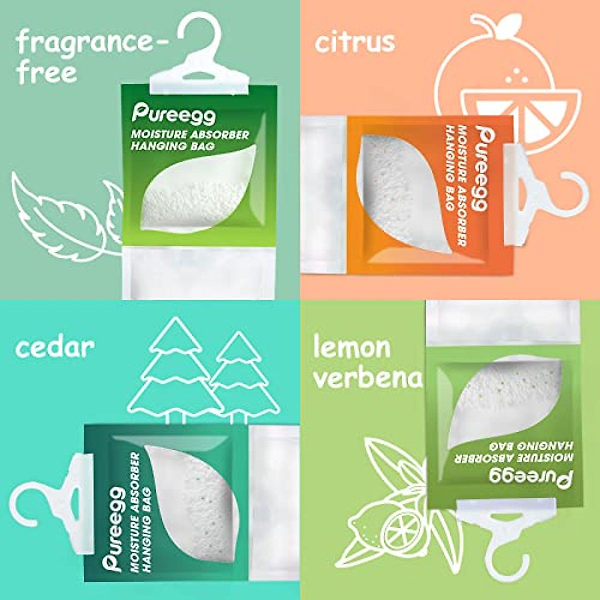 Pureegg Moisture Absorbers Hanging Bag - 12 Packs, Citrus Scent, Odor Absorber for Narrow Spaces, Efficient Humidity Absorber for Kitchens, Basements, Bathrooms, Hanging Closet Odor Eliminator