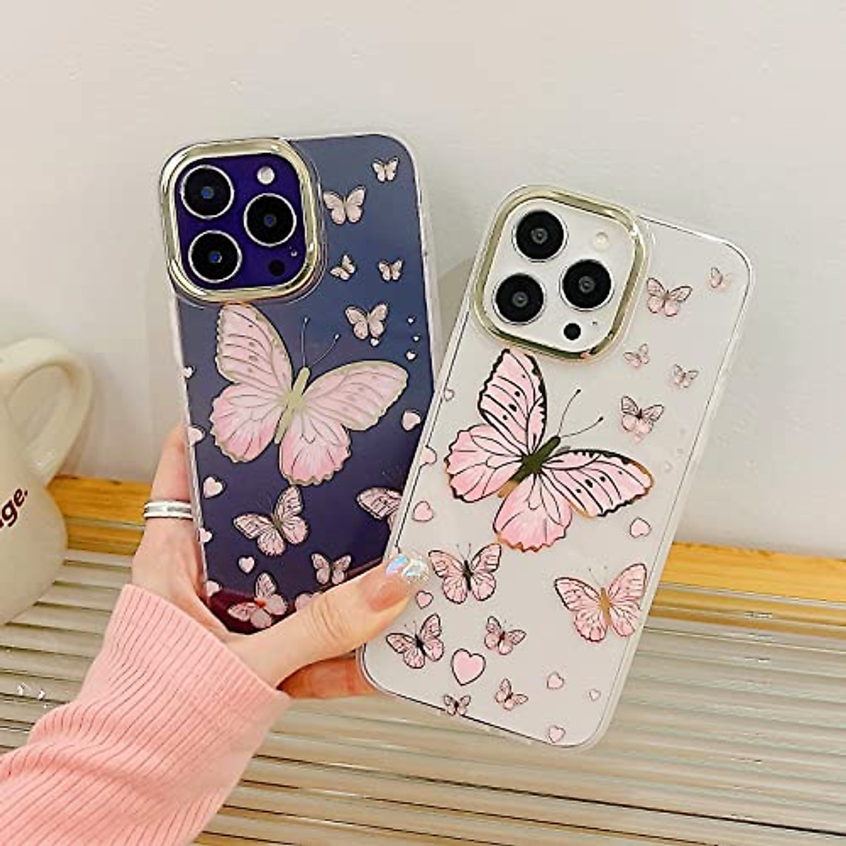 ooooops Compatible with iPhone 14 Pro Max Case for Women Girls, Glitter Golden Butterflies, Cute Love Heart Shaped Pattern, Hard Panel Clear Protective Phone Cover for iPhone 14ProMax(Pink Butterfly)