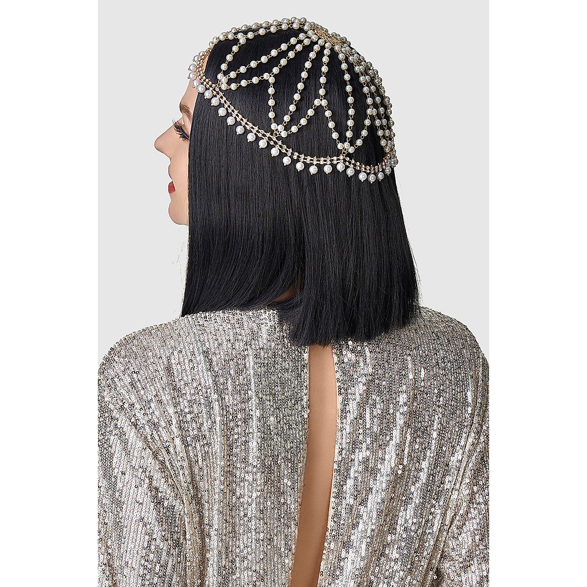 BABEYOND 1920s Crystal Cap Headpiece Rhinestone Head Chain Roaring 20s Great Gatsby Hair Accessories for Art Deco Party