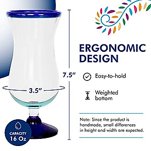 Amici Home Blue Rim Hurricane Glass | Set of 4 | Authentic Mexican Handmade Glassware | Bar Glasses for Pina Coladas, Cocktails, and Other Beverages | 16 Oz