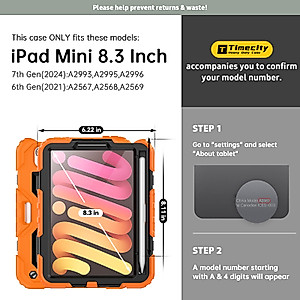 timecity Case for iPad Mini 7th/6th Generation 2024/2021 8.3 inch, Full-body Protective Case for iPad Mini 7/ Mini 6 with Screen Protector Pencil Holder Swivel Stand Hand/Shoulder Strap Case- Orange