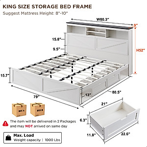 ACCOHOHO Farmhouse King Size Wood Bed Frame with 52" Tall Storage Headboard and 4 Drawers,LED Light,Charging Station,Solid Wood Slats Support,Noiseless,No Box Spring Needed,White