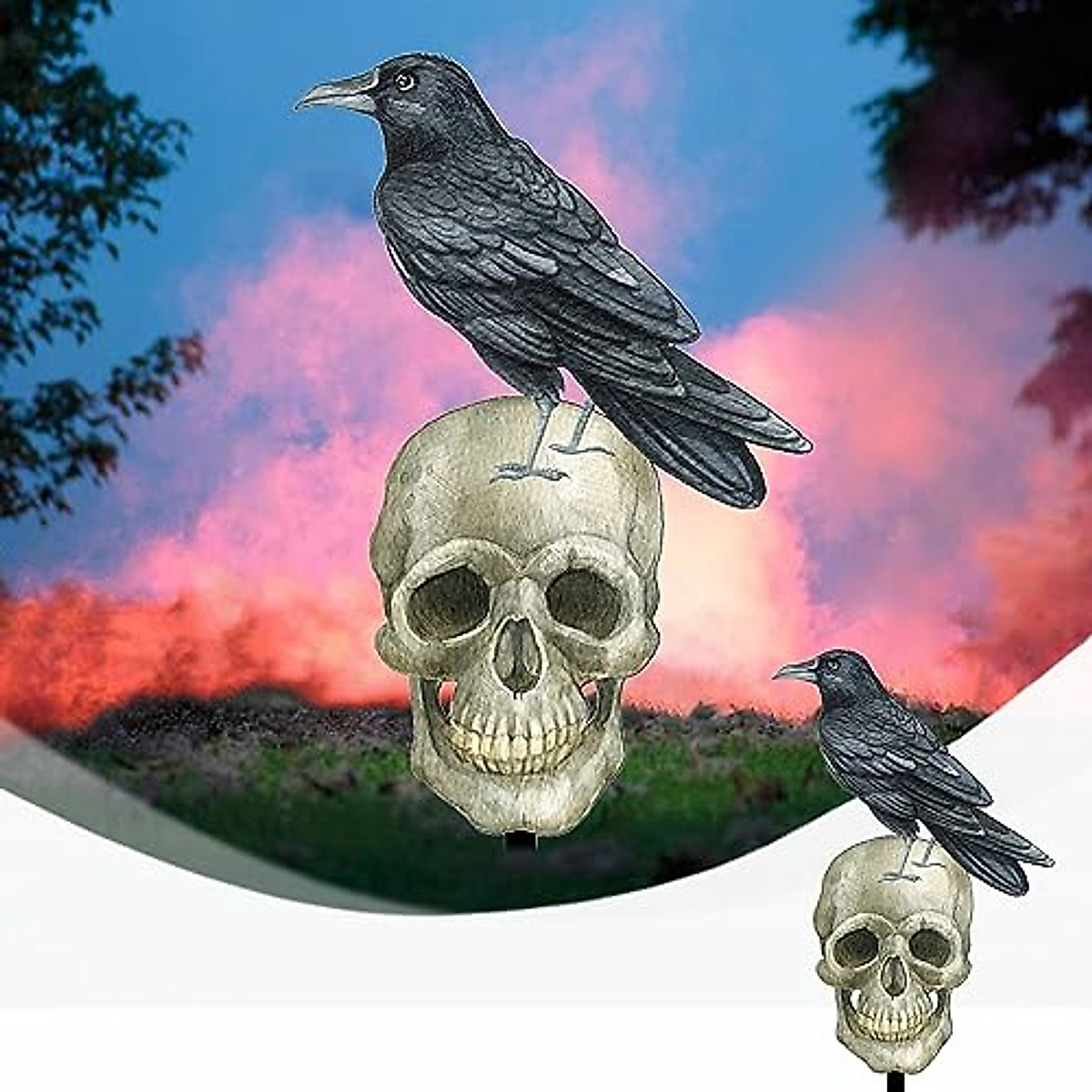 Halloween Yard Sign Crow On Skeleton Head Scary Stakes Yard Decorations Halloween Party Decorations Garden Stakes Decor Yard Signs Yard Art for Patio, Garden, Porch Halloween Party Decor 1 Pack