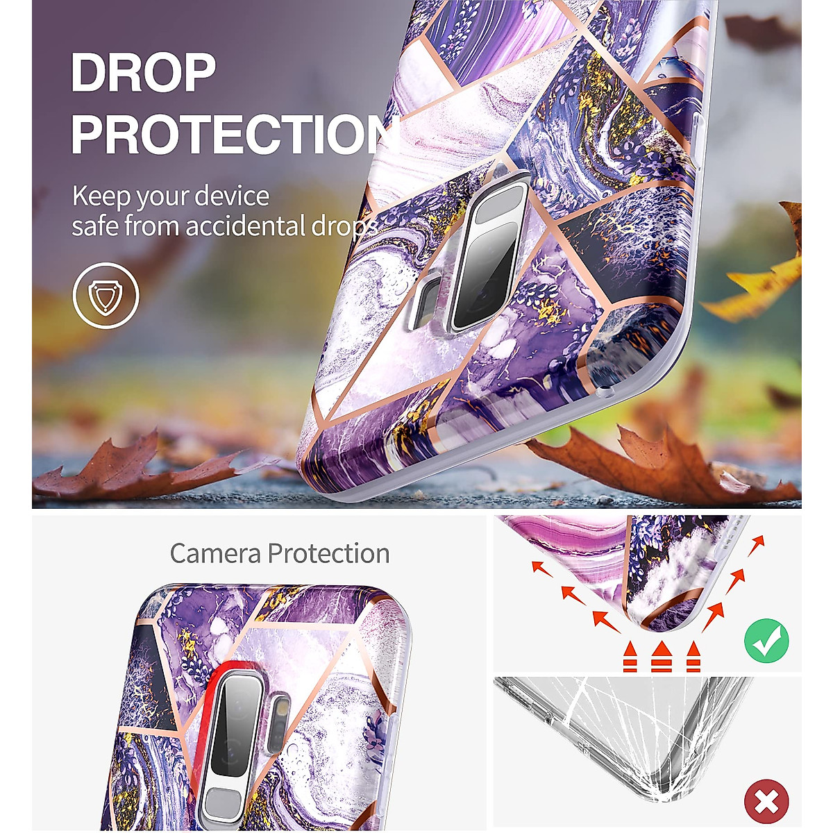 SURITCH for Samsung Galaxy S9 Plus Marble Case, [Built-in Screen Protector] Full-Body Protection Shockproof Rugged Bumper Protective Cover for Galaxy S9 Plus 6.2 Inch (Lavender)