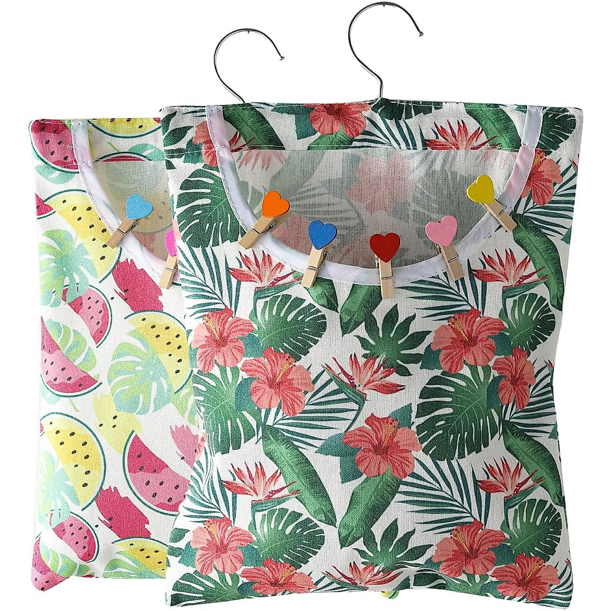 IcosaMro Clothespin Bags Set of 2 Hanging Outdoor Laundry Clothes Pin Holder Waterproof Clothes Pin Hanging Bag Clothespin Storage Organizer with Large Opening, Tropical Leaf Pattern 15x11 Inches