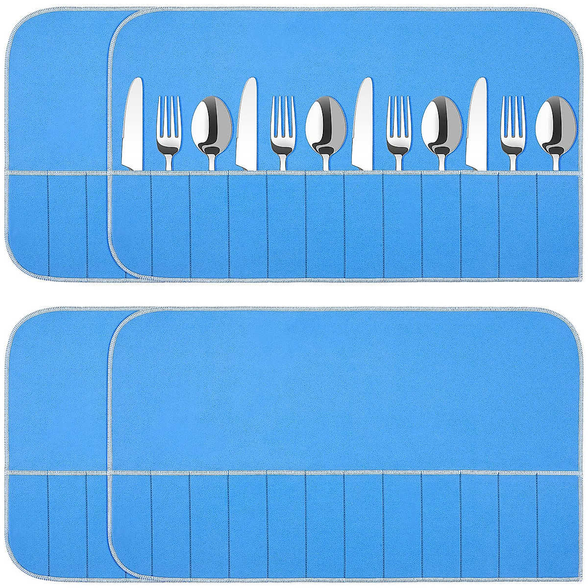 Silver Storage Bags Silver Storage Cloth Anti Tarnish Silver Protector Bags Blue Holder for Silverware Flatware Storage Organizer Place Setting Roll with White Ribbon for Kitchen Utensils (4 Pieces)