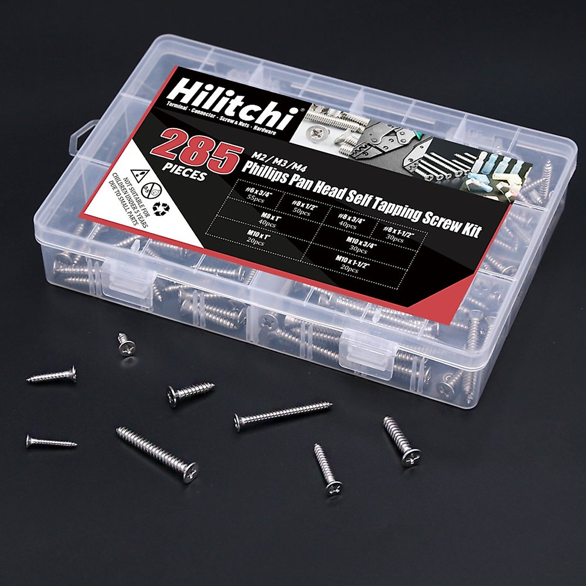 Hilitchi 285-Piece Stainless Steel Phillips Flat Head Self Tapping Screw Assortment Kit (Flat Head)