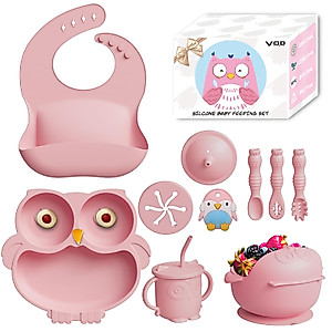 Baby Led Weaning Supplies, 10 Pack Silicone Baby Feeding Set - Baby Bowls and Plates with Suction, Toddler Spoons and Fork, Toddler Cups with Replaceable Lids (Pink)