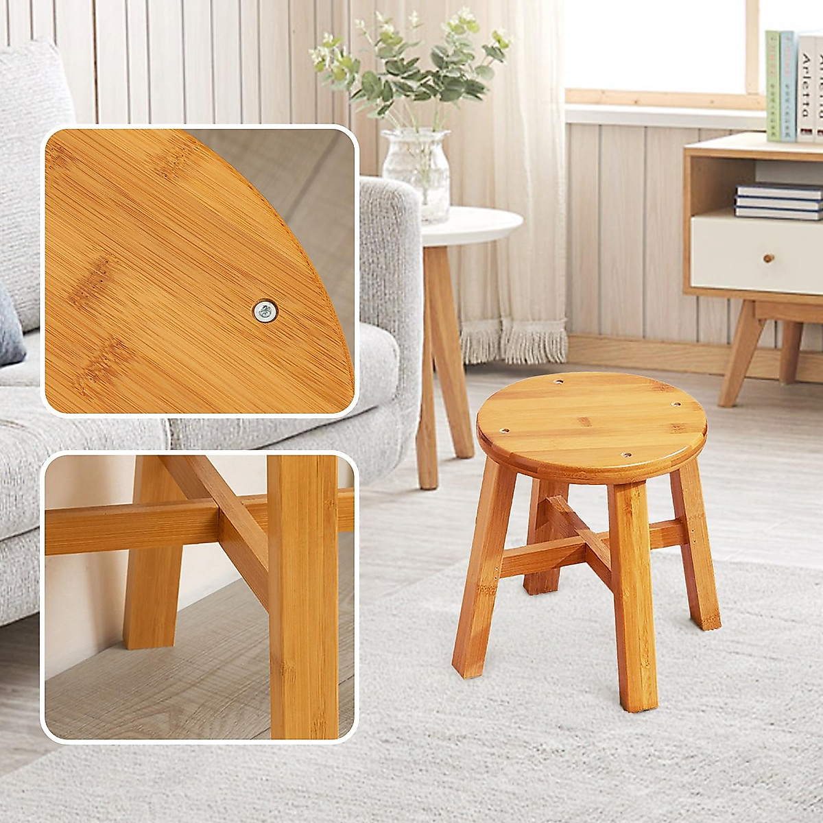 Felenny Small Step Stool Bamboo Fully Assembled Wooden Spa Bath Chair Low Stool for Kitchen Bedroom Living Room Bathroom(S;9.44 inches Height)