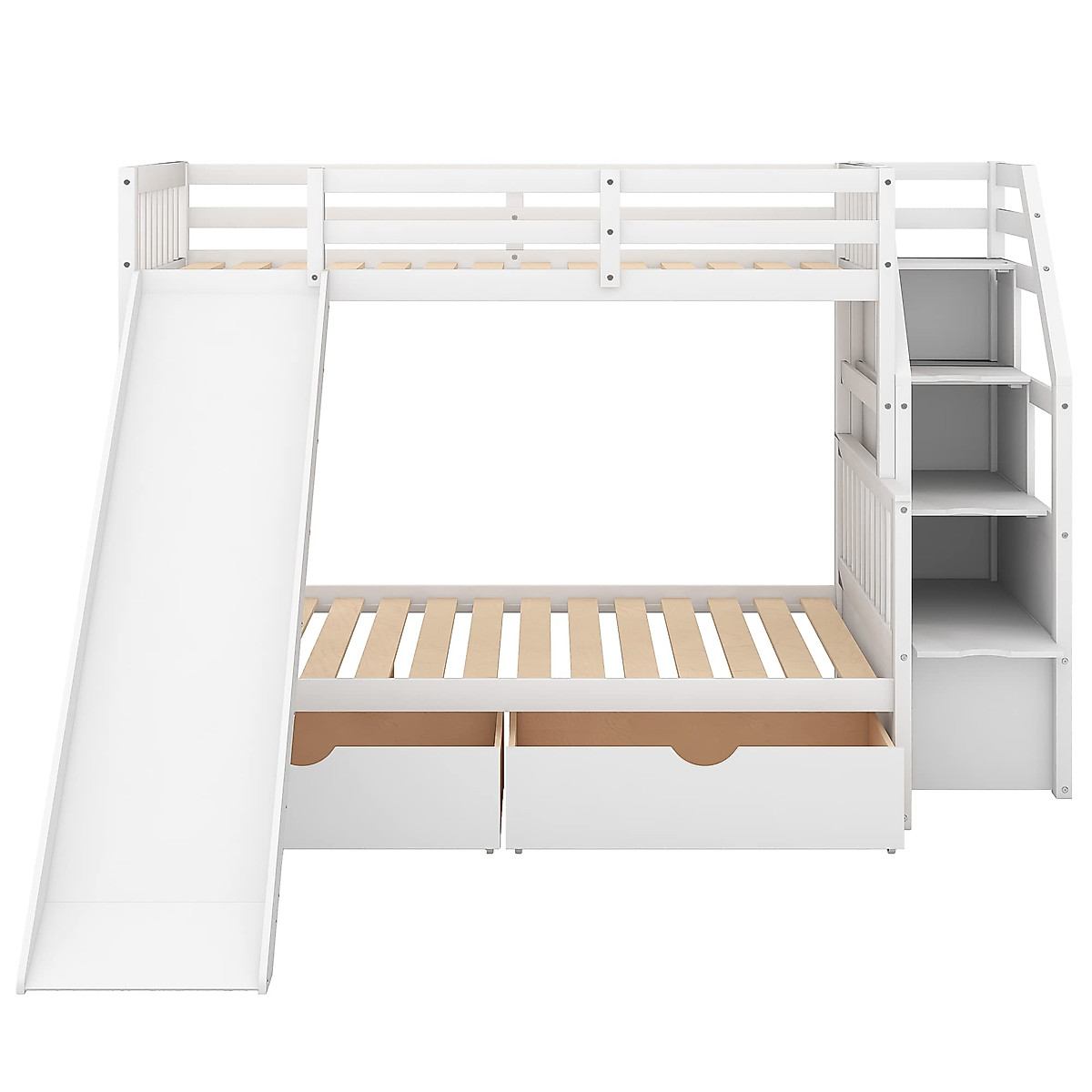 Twin Over Full Bunk Bed with Stairs and Slide, Solid Wood Bunk Bed Frame with Storage Drawers for Kids Girls Boys (White)