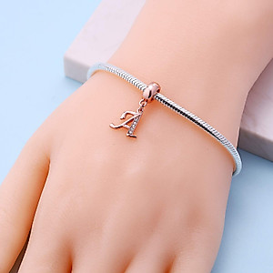 Letter Charms Rose Gold 925 Sterling Silver Alphabet Initial Crystal Dangle Beads fit Pandora Bracelets (A)