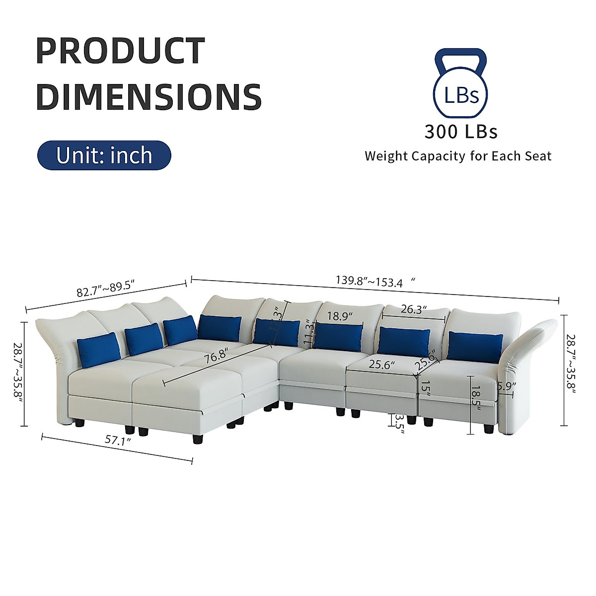 LLappuil Oversized Modular Sectional Sofa 153.4" 9-Seater L Shaped Couch with Large Storage Chaise, Velvet High Back Recliner Couches with Big Ottoman for Living Room, White
