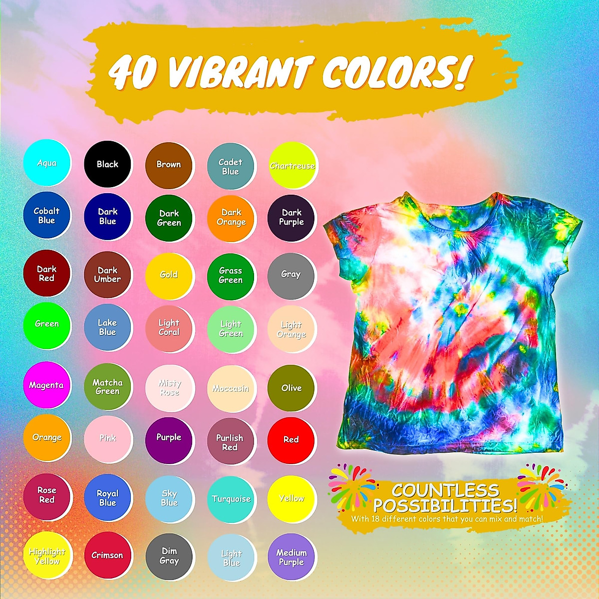 Tie Dye Kit for Kids & Adults - Complete DIY Tie Dye Set w/Tie Dye Powder in Tie Dye Refill Packets -Fun Kids Tie Dye Kit w/Nozzle Spray Tie Dye Kit for Fabric - Dye for Clothing (Pack of 40, 60 ml)