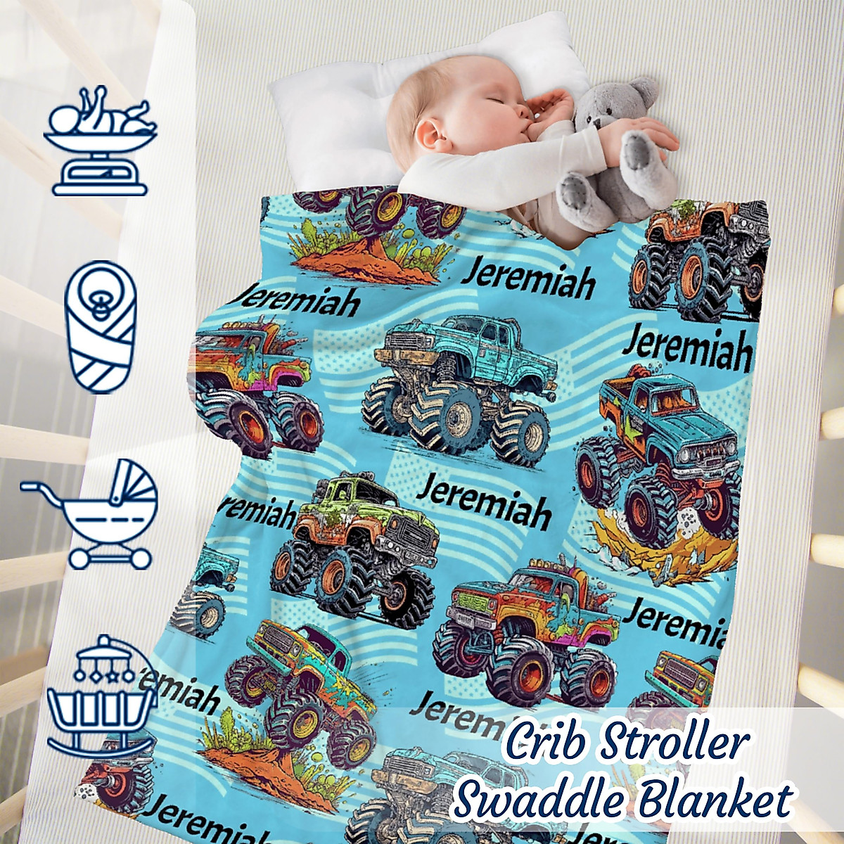 Personalized Car Blanket with Name for Boys, Customized Baby Blanket with Name for Boy, Soft Flannel Car Toddler Gifts for Christmas Birthday Memorial Day for Shower Children Bed 30"x40"