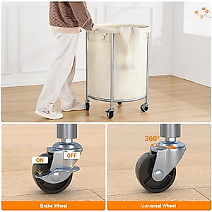 ELYKEN Laundry Basket with Wheels, 170L Rolling Laundry Hamper with Removable Bag and Steel Frame, Round Laundry Cart with 4 Casters and 2 Brakes, Ideal for Bedroom, Bathroom, Laundry Room, Cream