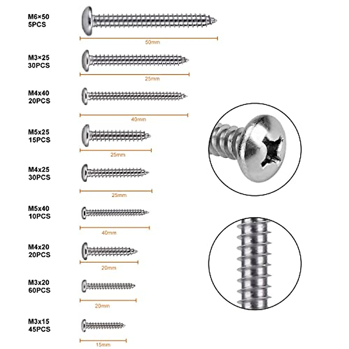 WELLOCKS Wood Screws 235 PCS 304 Stainless Steel M3/M4/M5/M6 Round Head Self Tapping Screws Assortment Set Rust Proof Wood Screw Kit with Storage Box for Homemade, Repairment, Woodwork Indoor(D035)
