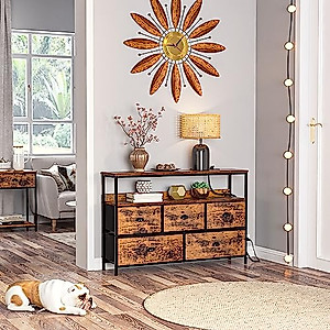 Furologee Console Sofa Table with Power Outlet, Long 45" Dresser TV Stand with 5 Drawers, Entryway Table with Shelves, Entertainment Center for 55'' TV, Bedroom, Living Room, Hallway, Rustic Brown