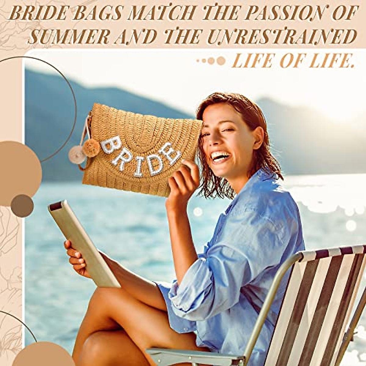 Pinkunn Bride Straw Shoulder Bag For Women Straw Clutch Bag Pearl Rhinestone Wedding Summer Beach Vacation Bridal Shower Gift (Bride Style)