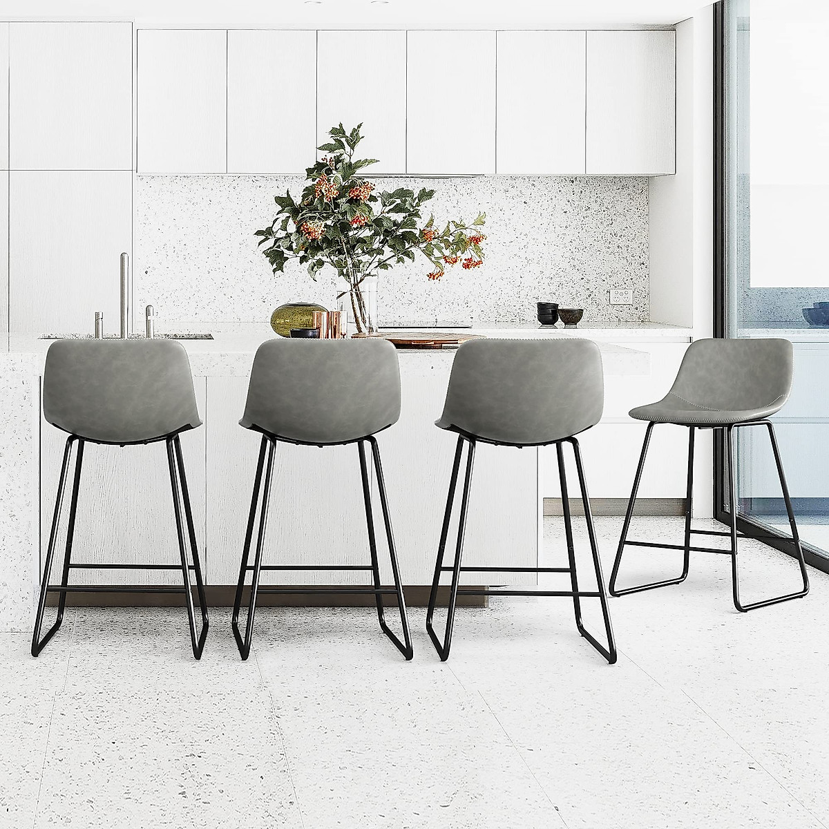 LUE BONA Bar Stools Set of 4, 24" ALX Faux Leather Barstools, Modern Counter Height Stools with Back and Metal Legs, Armless Counter Chairs for Kitchen Island, Grey