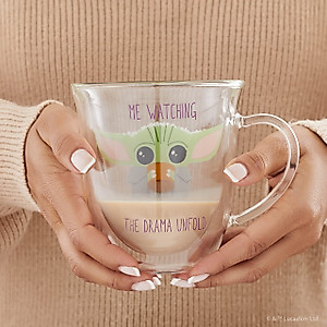 JoyJolt Watching The Drama Unfold Grogu 13.5oz Coffee Mug, Double Wall Mug Set of 2. Large Espresso Cups, Cappuccino or Latte Cup. Mandalorian Star Wars Mugs, Glass Coffee Cup, Insulated Coffee Mug