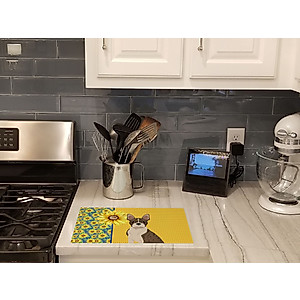 Caroline's Treasures WDK5337LCB Summer Sunflowers Brindle Boston Terrier Glass Cutting Board Large Decorative Tempered Glass Kitchen Cutting and Serving Board Large Size Chopping Board