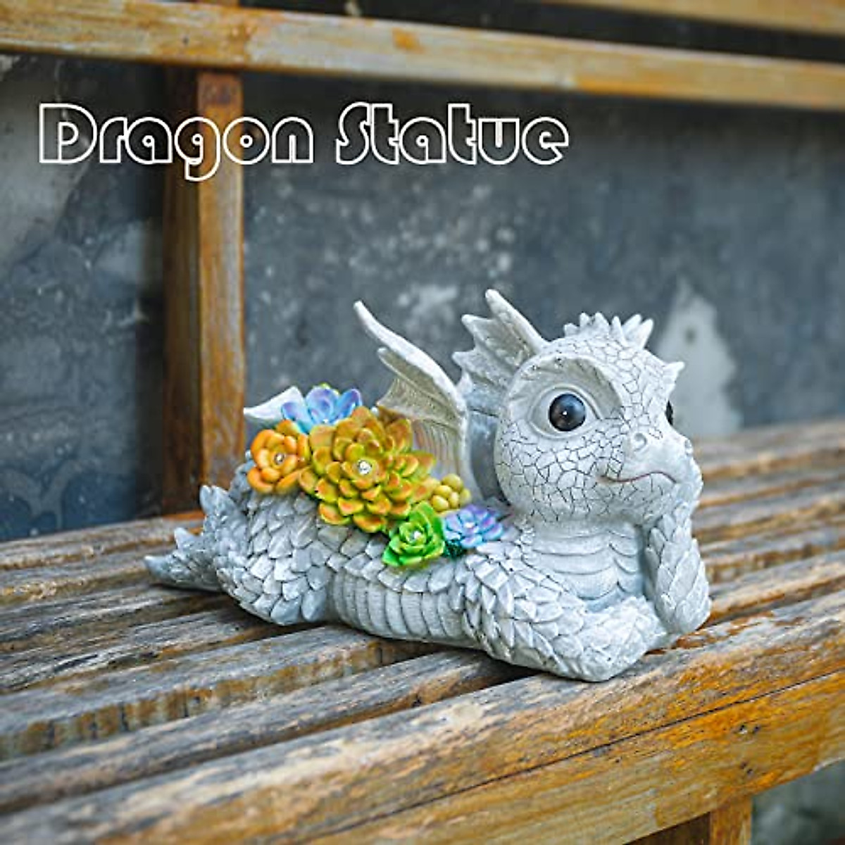 Ovewios Garden Dragon Statue Outdoor Decor, Dragon Garden Sculpture Waterproof Solar LED Lights Resin Succulent Decorations for Outside Lawn Patio Patio Yard Ornament Gifts