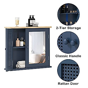 soges Bathroom Wall Cabinet Medicine Cabinet with Mirror, Wall Mounted Bathroom Storage Cabinet with 2 Doors, Wood Hanging Cabinet Storage Organizer for Bathroom, Living Room, Dark Blue