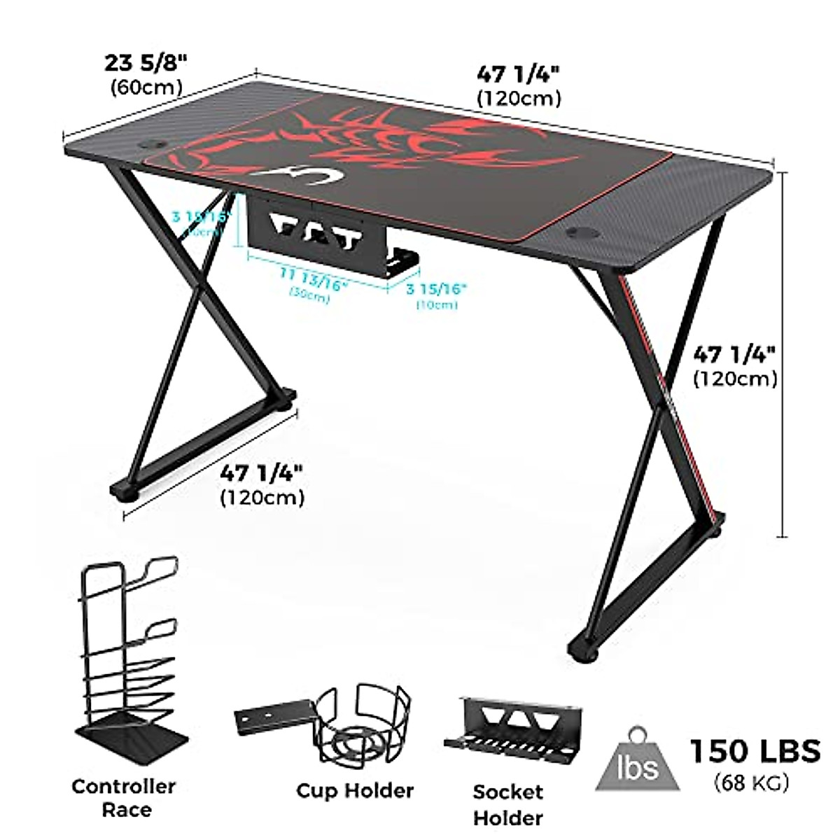 EUREKA ERGONOMIC Gaming Desk 47 Inch,PC Gaming Table, X Shaped Gaming Computer Desk with Mouse Pad, Carbon Fiber Home Office Desk with Cup Holder & Headphone Hook & Controller Stand,Black