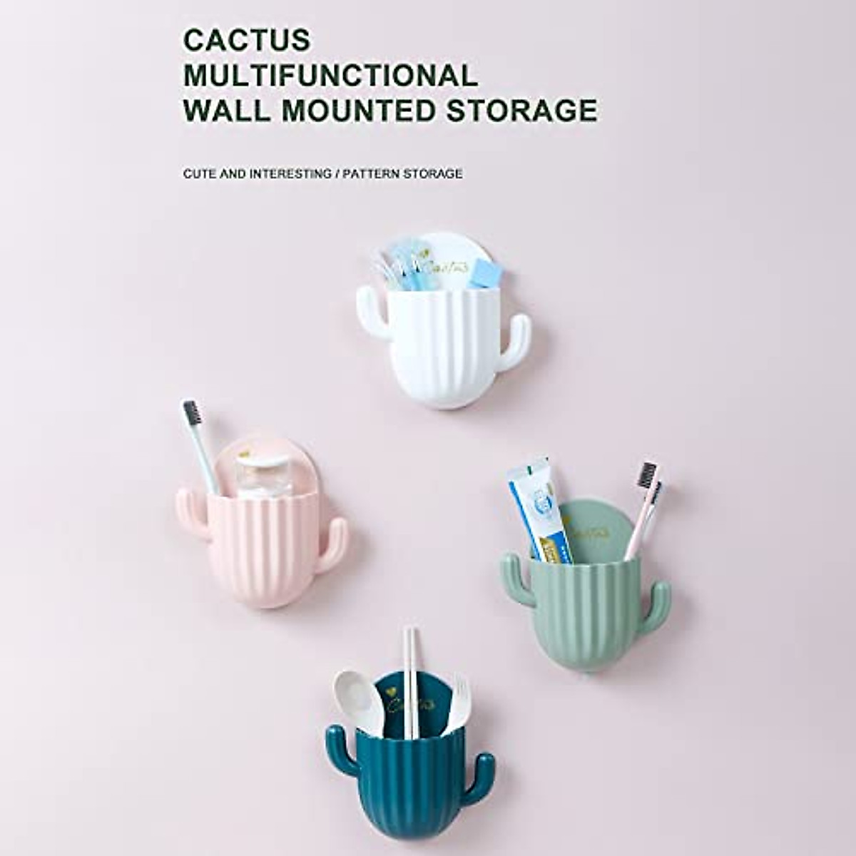 Gecau 4PC Cactus Shape Storage Box - Punch-Frees Cartoon Soap Holder - Wall Mounted Makeup Tool Container for Shower Toilet Bathroom Kitchen