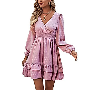 Rooscier Women's Wrap V Neck Swing Ruffle Swiss Dots Long Sleeve Mini Dress Solid Pink Medium