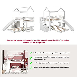 Bunk Bed with Slide, House Bunk Beds Twin Over Twin Stairway Bunk Beds Playhouse Bunkbed with Storage for Kids Toddlers Girls/Boys, White