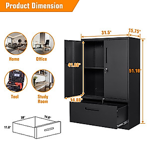 ZAOUS File Cabinet 1 Drawer, Metal File Cabinet with Lock, Lateral Filing Cabinet with Doors & Adjustable Shelves for Home Office, Living Room, Pantry, Gym, Basement, Warehouse, Black
