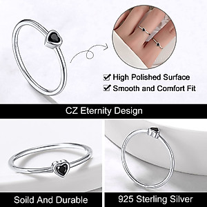 FOCALOOK 925 Sterling Silver Ring for Women, Heart Black Cubic Zirconia CZ Eternity Simple Stackable Engagement Wedding Promise Band Ring for Her Size 9