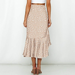 CofeeMO Bravetoshop Womens Boho Floral Print High Waisted Wrap Flowy Midi Skirt Asymmetrical Ruffle Hem Swing A-Line Skirts (Beige,XL)