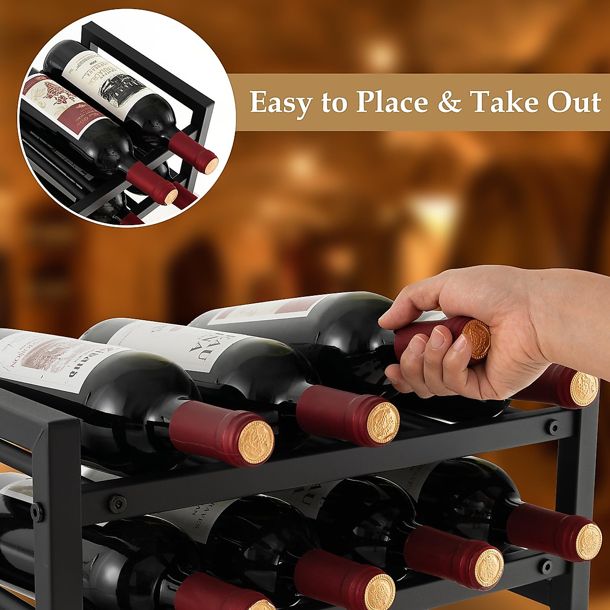 GOFLAME 2-Tier Wine Rack, Freestanding Countertop Wine Display Rack with Adjustable Foot Pads, Rust-Proof Surface, 8-Bottle Metal Wine Bottle Holder for Kitchen, Bar, Pantry, Cellar, Basement, Black