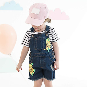 HINTINA Baby & Toddler Girls Big Bibs Overalls Ripped Hole Summer Sunflowers Jumpsuit Boyfriend Jeans Denim Romper Shortalls 2-3T