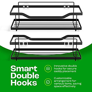 Helpful Home Shower Caddy, Adhesive Shower Shelf 2-Pack - Swift Draining, Rustproof Stainless Steel Shower Storage Rack with 4 Hooks, Adhesive, Easy Installation, Large Load-bearing