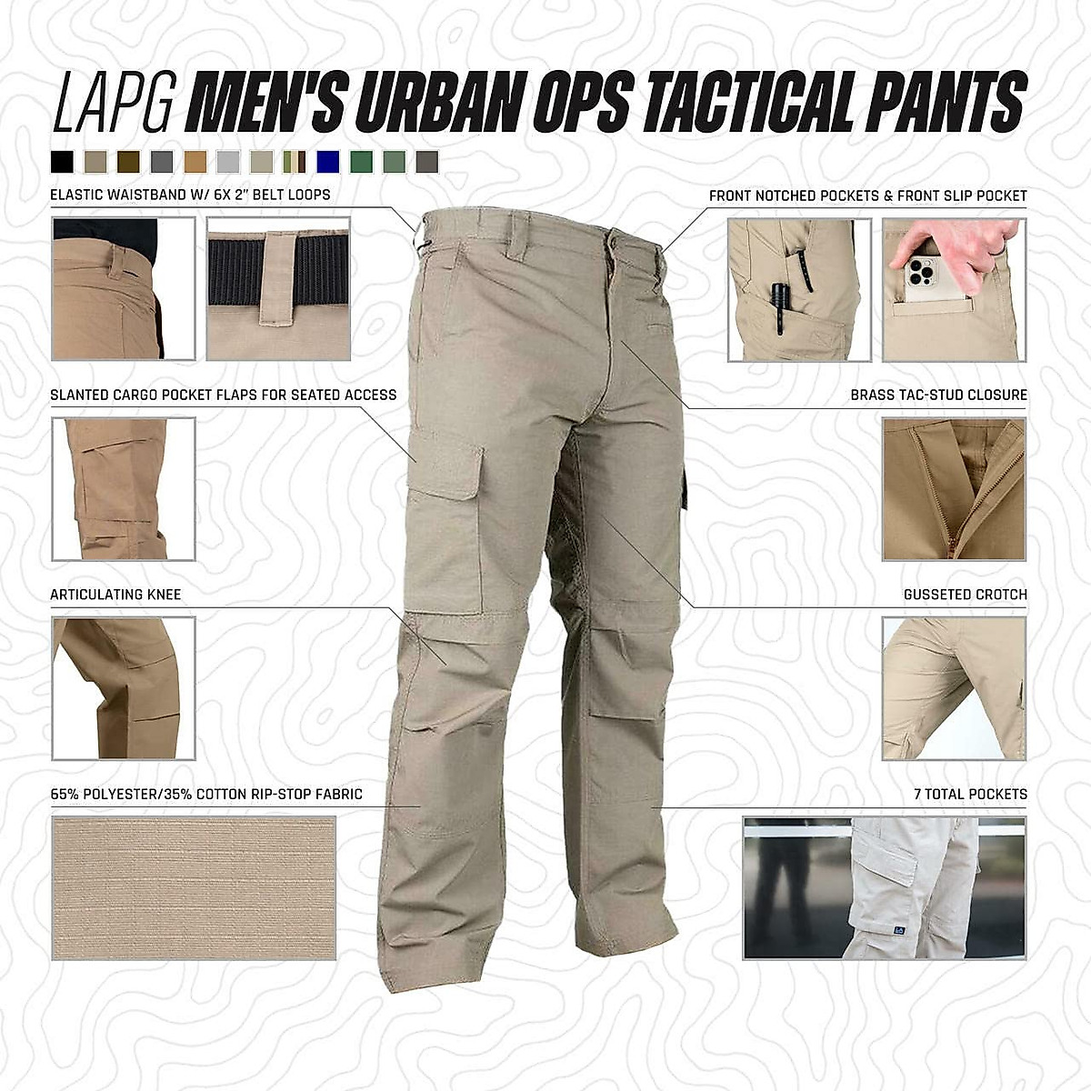 LAPG Men's Urban Ops Tactical Pants, Gusseted Crotch Lightweight Cargo Pants, Elastic Waistband Ripstop Work Pants, Water & Stain Resistant Pants for Men, Sierra, 36W x 32L